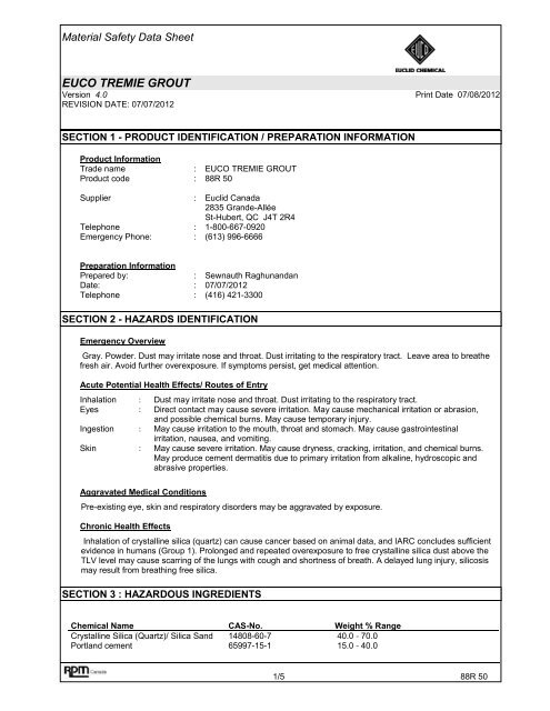 Euco Tremie Grout MSDS - Canada - Euclid Chemical Co