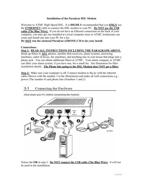 Installation of the Paradyne DSL Modem - Atmc