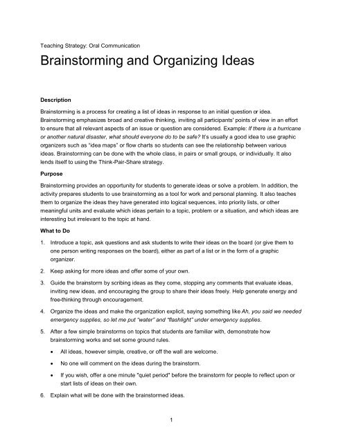 Brainstorming and Organizing Ideas - youth literacy canada