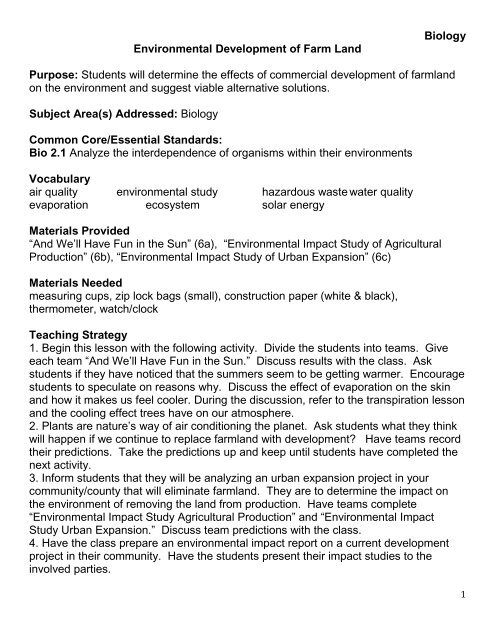 Lesson Plan 3 – Environmental Development of Farm Land