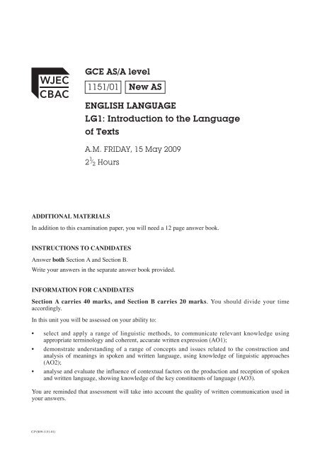 GCE AS/A level 1151/01 New AS ENGLISH LANGUAGE LG1 ...