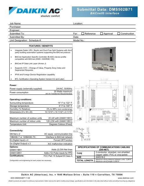 Submittal Data: DMS502B71 - Daikin AC