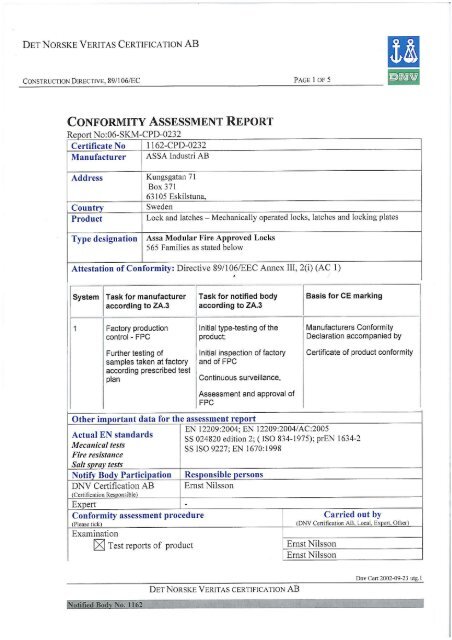 CONFORMITY ASSESSMENT REPORT - ASSA ABLOY
