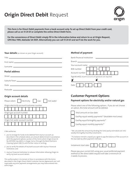 Origin Direct Debit Request - Origin Energy
