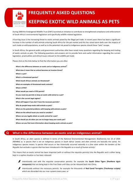 keeping exotic wild animals as pets - Endangered Wildlife Trust