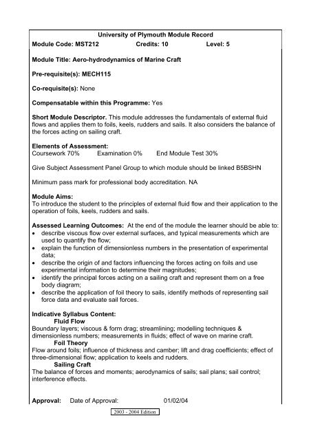 University of Plymouth Module Record Module Code: MST212 ...