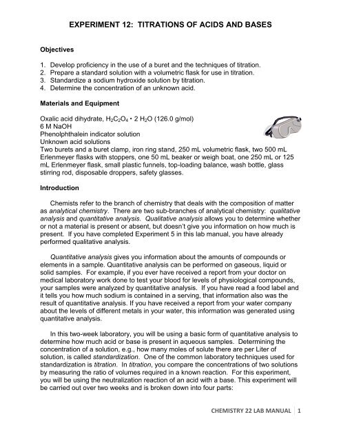 EXPERIMENT 12: TITRATIONS OF ACIDS AND BASES