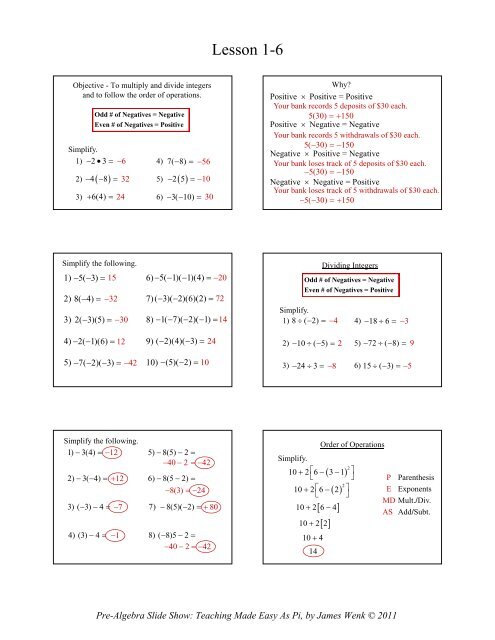 1-6 Multiplying and Dividing Integers - Math Slide Show