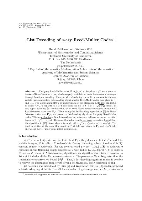 List Decoding of q-ary Reed-Muller Codes 1) - CiteSeerX