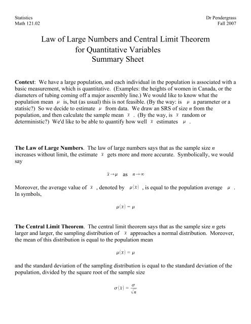 Law of Large Numbers and Central Limit Theorem for Quantitative ...