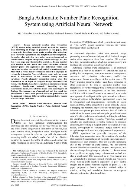 Bangla Automatic Number Plate Recognition System using Artificial ...