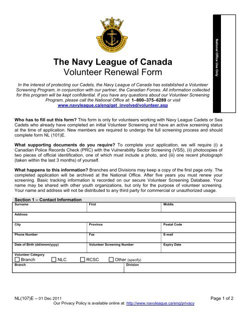 The Navy League of Canada Volunteer Renewal Form