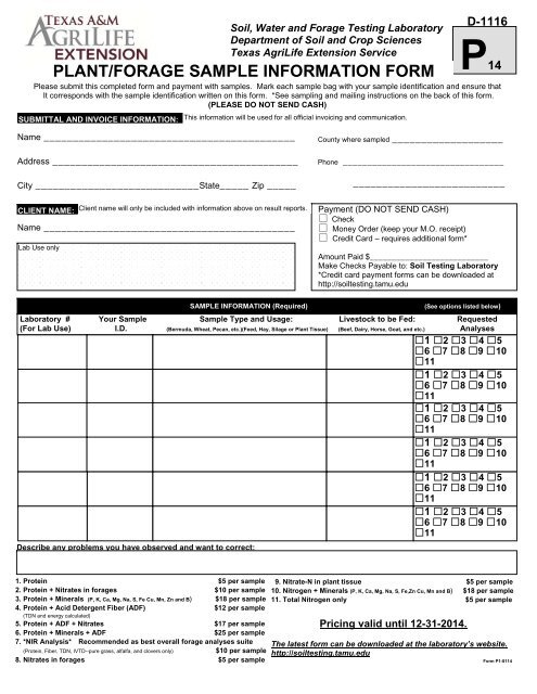 PLANT/FORAGE SAMPLE INFORMATION FORM - Soil, Water and ...