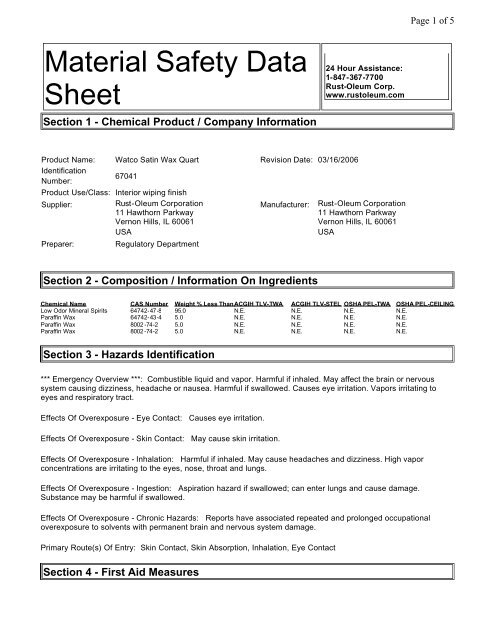 Material Safety Data Sheet - Highland Woodworking
