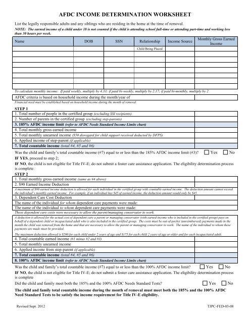 AFDC INCOME DETERMINATION WORKSHEET