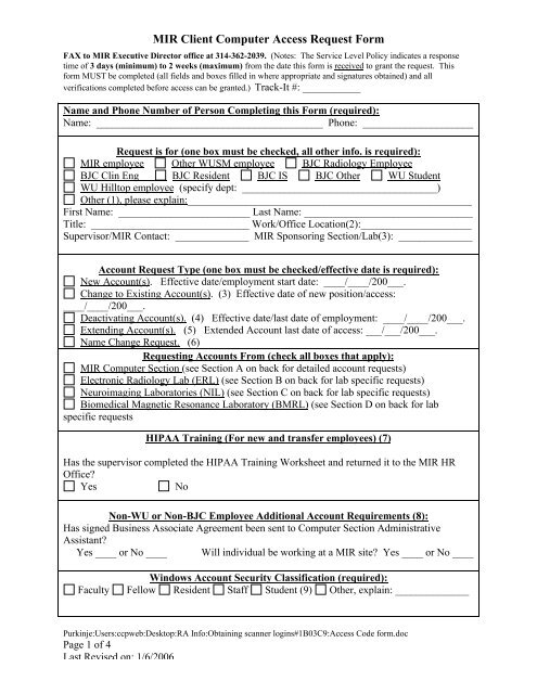 MIR Client Computer Access Request Form