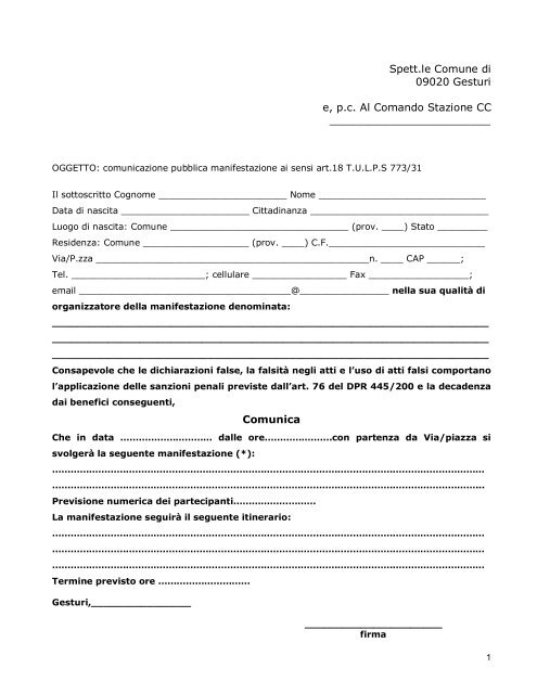 modulo comunicazione pubblica manifestazione