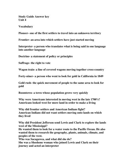 Study Guide Answer key Unit 4 Vocabulary Pioneer- one of the first ...