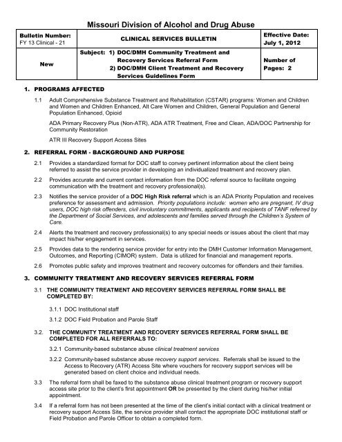 DOC/DMH Community Treatment and Recovery Services Referral ...