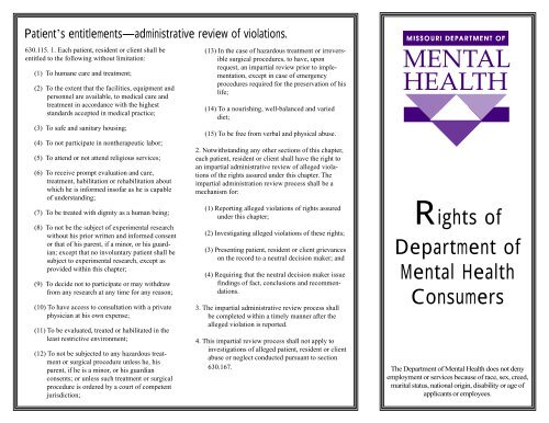 Attachment (G) DMH Client Rights Brochure - Missouri Department ...