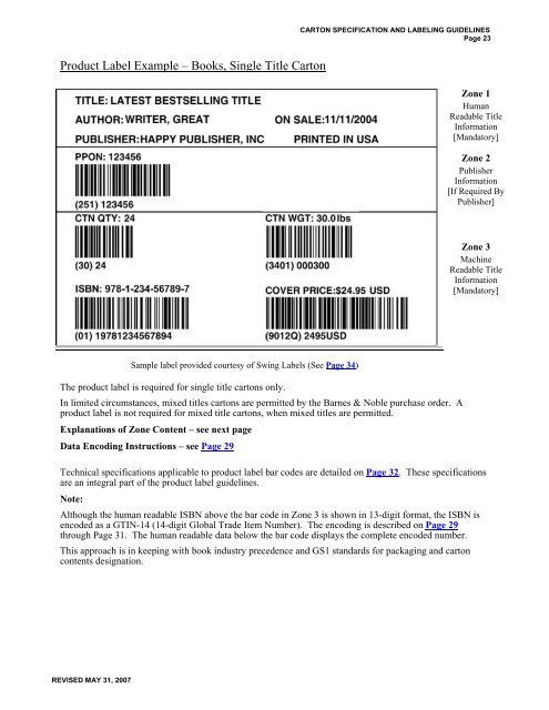 Product Label CARTON SPEC