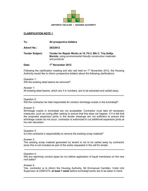 CLARIFICATION NOTE 1 To - Malta Housing Authority