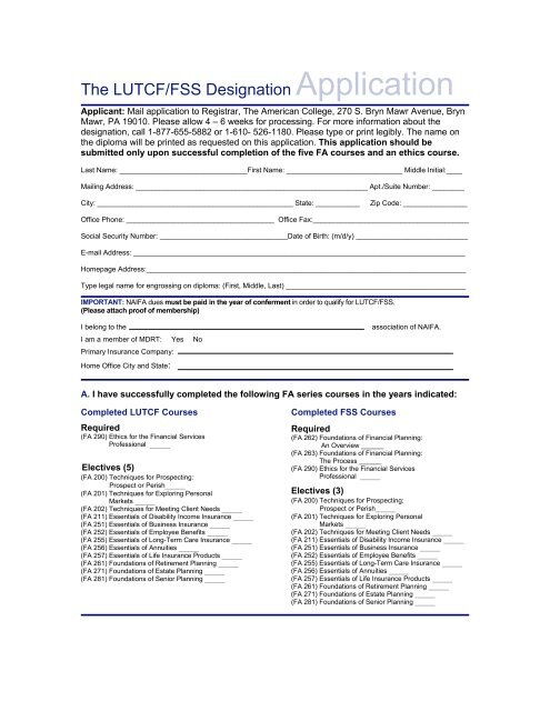 The LUTCF Designation Application - The American College