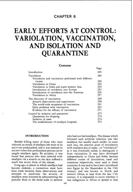 EARLY EFFORTS AT CONTROL: VARIOLATION, VACCINATION ...