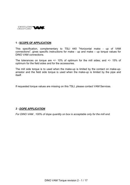 DINO VAMÂ® Torque Table - VAM Services
