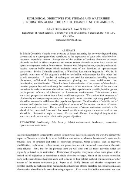 Conservation of stream ecosystem dynamics and biodiversity ...