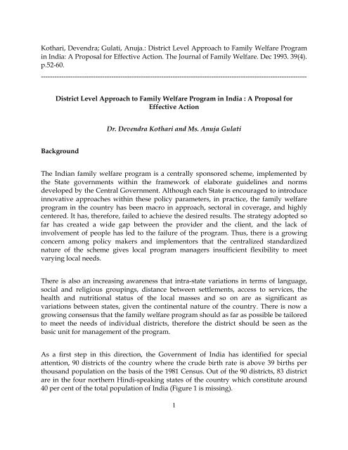 District Level Approach to Family Welfare Program in India