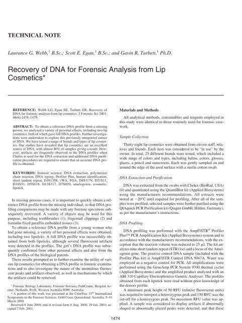 Recovery of DNA for Forensic Analysis from Lip Cosmetics*
