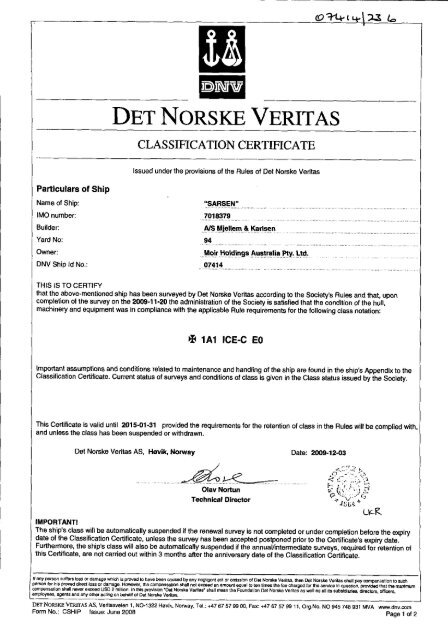 01. Classification Certificate - Ships for sale or charter - Eagle ...