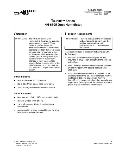 TRUERH Series HH-6705 Duct Humidistat ... - Johnson Controls