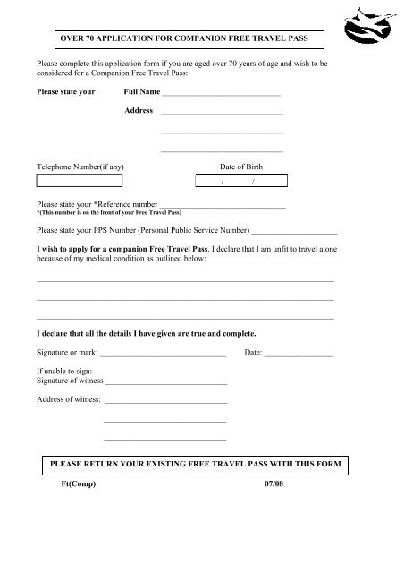 over 70 application for companion free travel pass - Welfare.ie