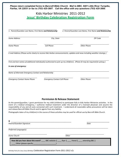 Birthday Celebration Registration Form - Barcroft Bible Church