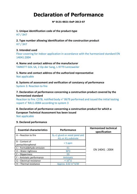 Declaration of Performance - Tarkett