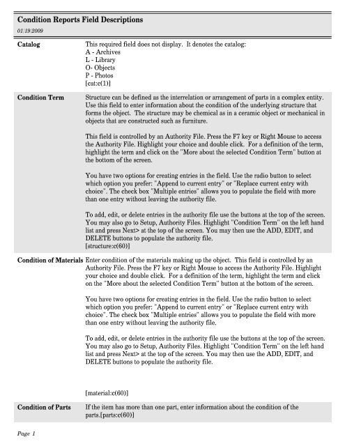 Condition Reports Field Descriptions - PastPerfect Museum Software