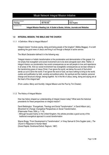 Integral Mission Reading List compiled by Dewi ... - Micah Network