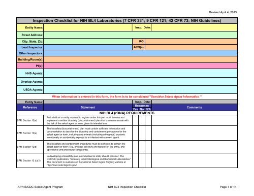Inspection Checklist for NIH BL4-N Laboratories - Select Agent ...