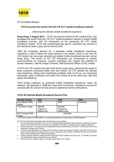 1O1O launches the world's first 4G LTE D-C* mobile ... - CSL
