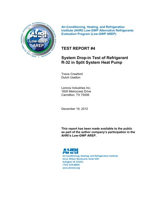 TEST REPORT #4 System Drop-in Test of Refrigerant R-32 ... - AHRI
