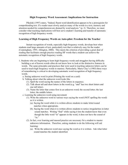 High Frequency Word Test - The Reading & Writing Project