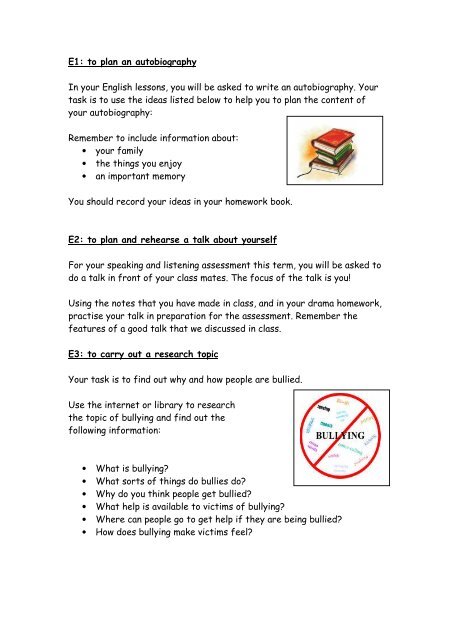 E1: to plan an autobiography In your English lessons ... - Cuthies.co.uk