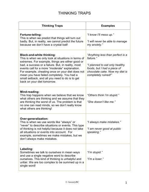 Thinking Traps Form - AnxietyBC