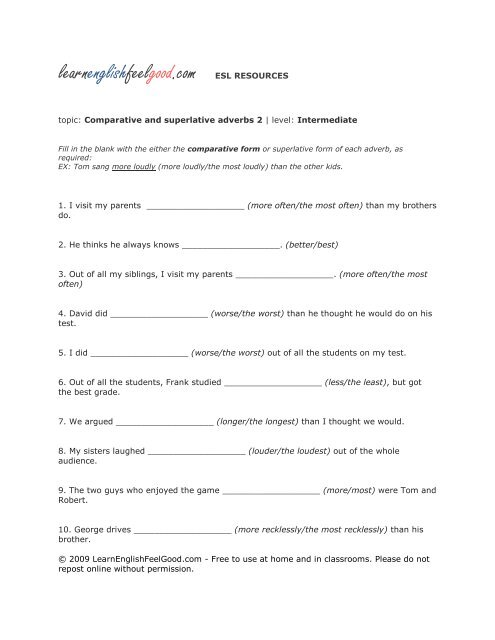 Comparative and superlative adverbs 2 - LearnEnglishFeelGood.com