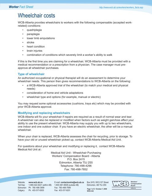 Wheelchair costs fact sheet - Workers' Compensation Board