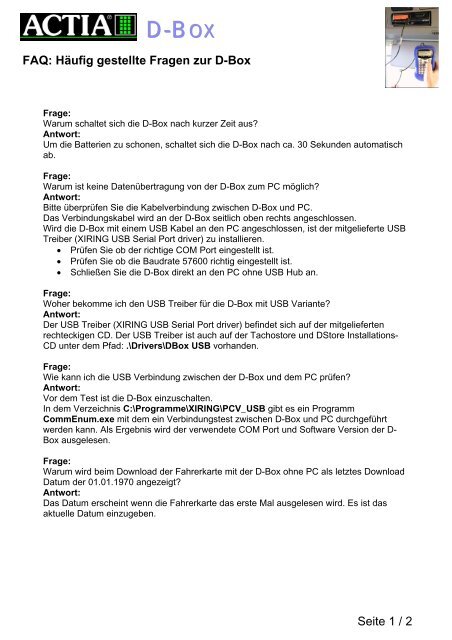 FAQ: HÃƒÂ¤ufig gestellte Fragen zur D-Box Seite 1 / 2 - F+T Service