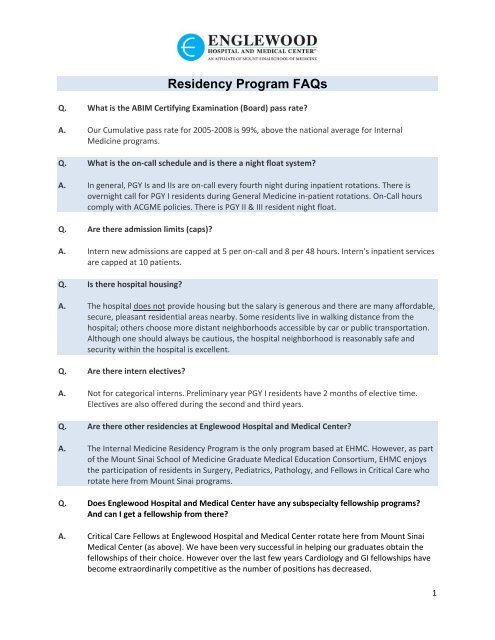 Residency Program FAQs - Englewood Hospital and Medical Center