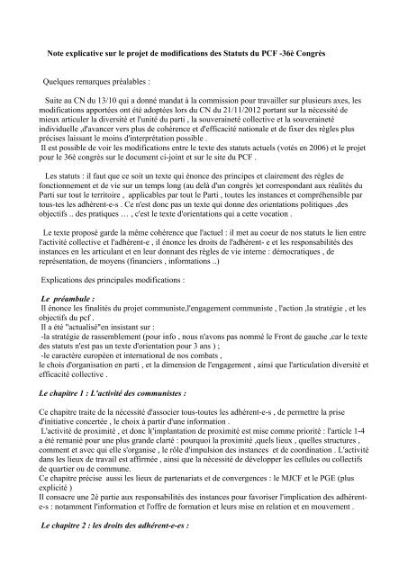 Note explicative sur le projet de modifications des Statuts du PCF ...